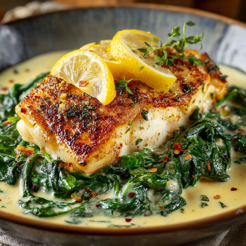 Luscious Lemon-Garlic Sea Bass with Creamed Spinach - Cooking Circuit